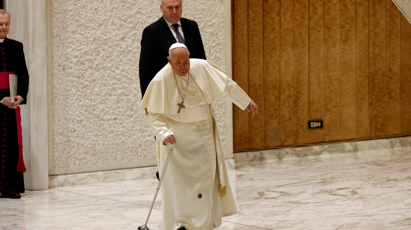 NTV Kenya: Pope Francis stumbles as part of his walking cane breaks off